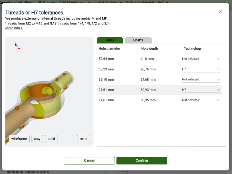 How do I apply threads and h7/H7 tolerances?